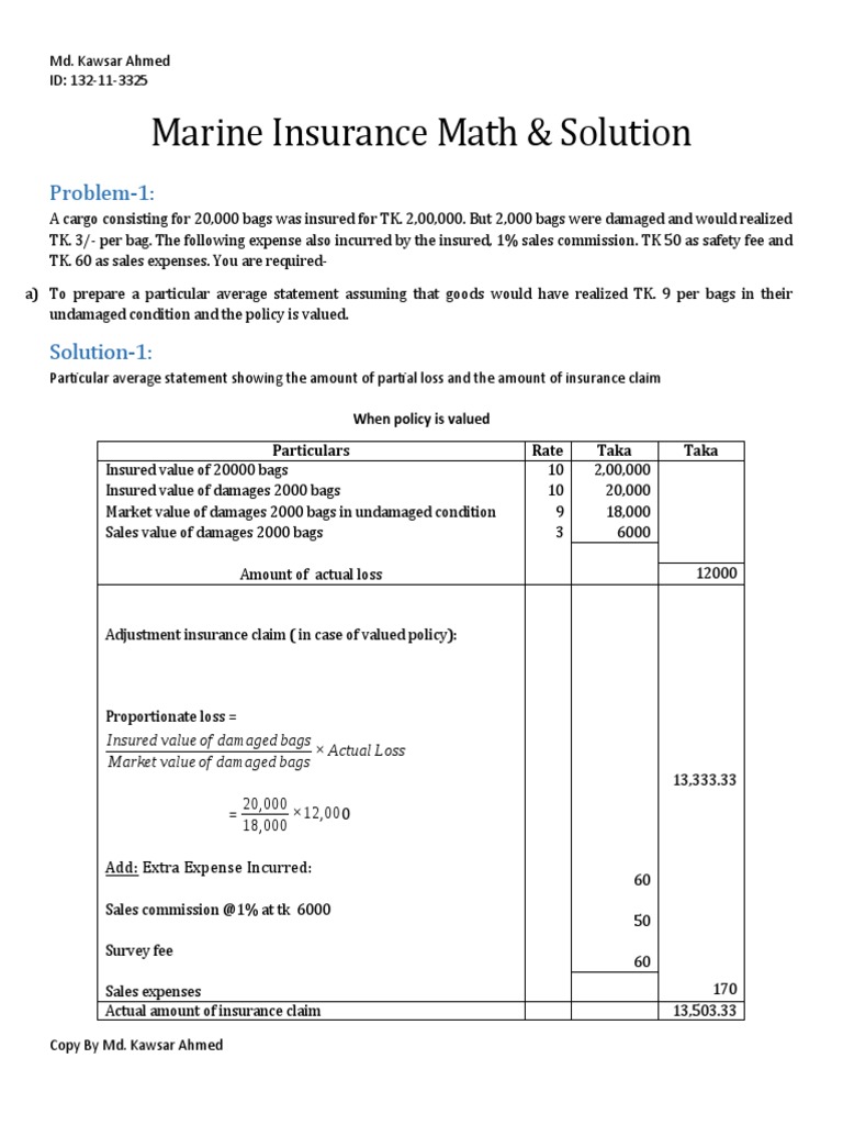 Marine Insurance Math Solution Sheet | PDF | Insurance | Damages