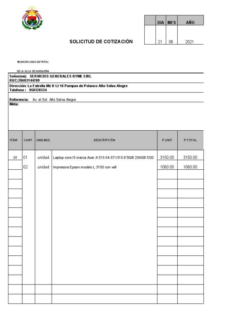 Nuevo Modelo de Cotizacion MDQ COTI PAR Laptop e Impresora | PDF