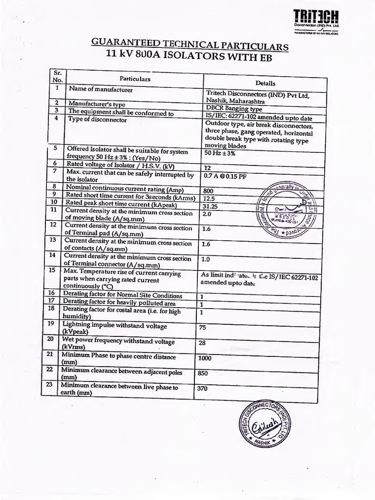 11 KV 800A Isolator WEB Approved GTP.o | PDF