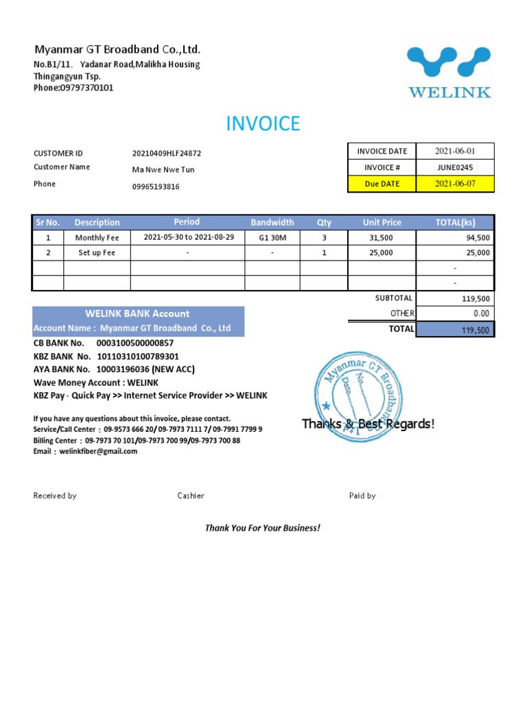 Invoice: Myanmar GT Broadband Co.,Ltd | PDF
