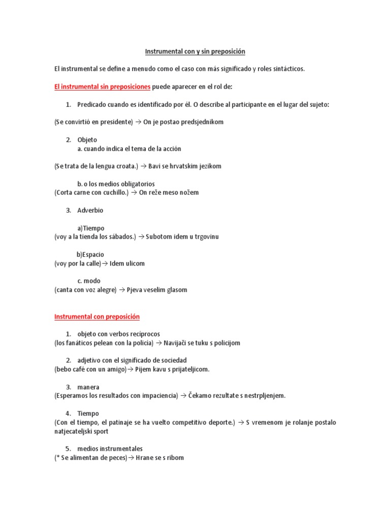 Instrumental Con y Sin Preposición - Resumen | PDF | Preposición y ...