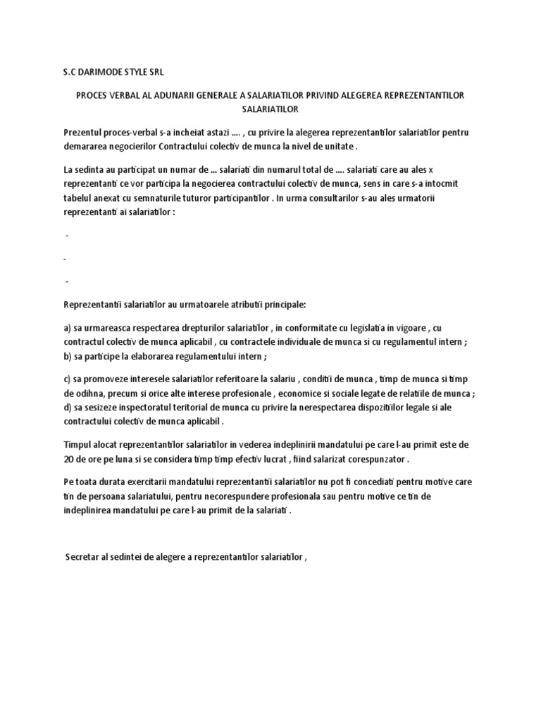 Proces Verbal de Alegere Al Reprezentantilor Salariatilor | PDF