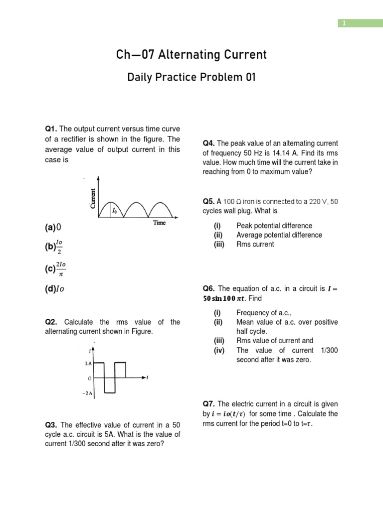 Alternating Current DPP 01 (Of Lect 01) - DPP01Ch07 | PDF | Alternating Current | Root Mean Square