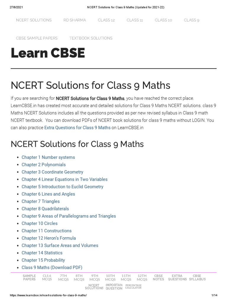 NCERT Solutions For Class 9 Maths (Updated For 2021-22) | PDF | Area ...