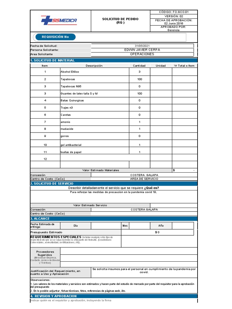 Solicitud de insumos médicos para prevención de COVID-19 | PDF ...