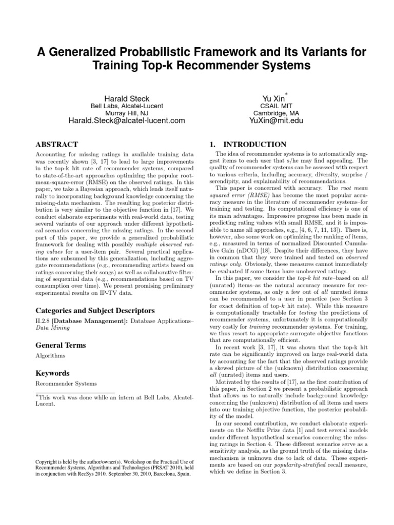 A Generalized Probabilistic Framework and Its Variants For Training Top-K Recommender Systems ...