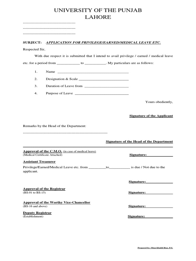 University of The Punjab Lahore: Application For Privilege/Earned ...