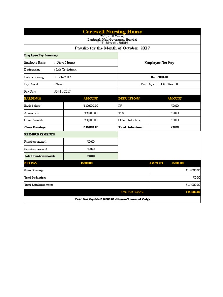 Carewell Nursing Home: Payslip For The Month of October, 2017 | PDF ...