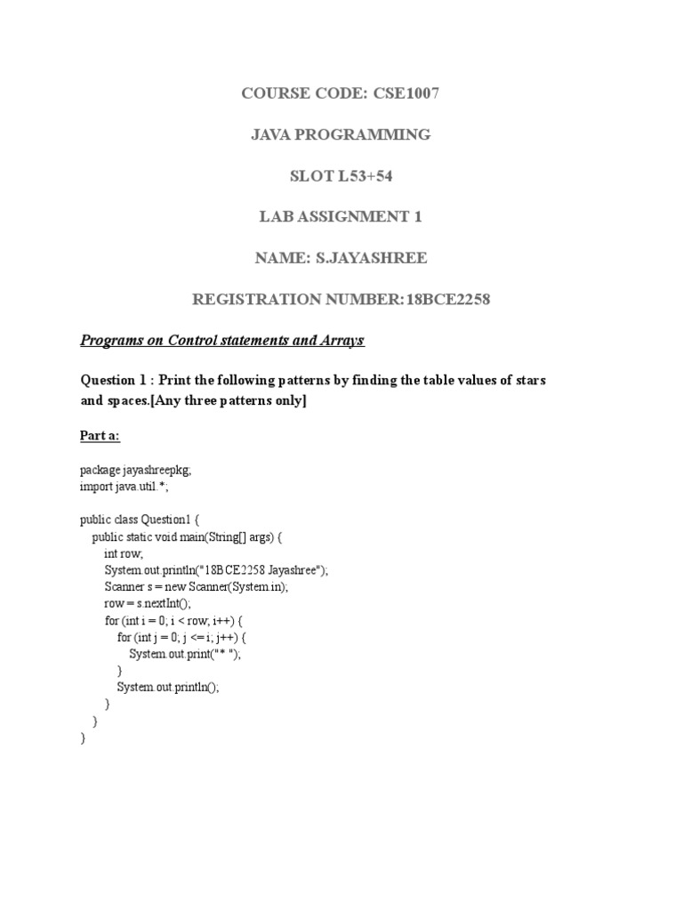 Course Code: Cse1007 Java Programming SLOT L53+54 Lab Assignment 1 Name: S.Jayashree ...