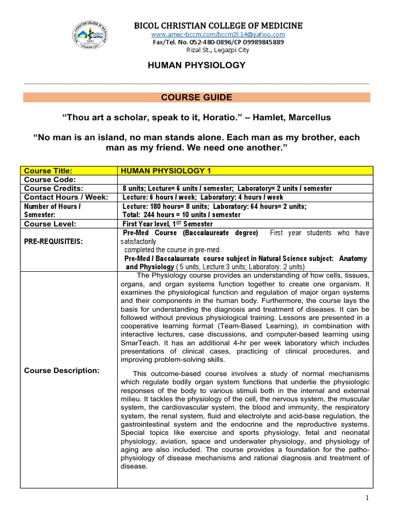 II - Course Module Guide On HUMAN PHYSIOLOGY I, First Year, 1st Sem ...