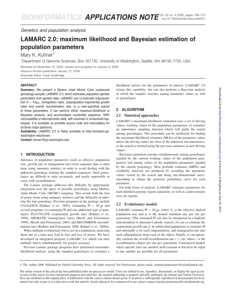 LAMARC 2.0 Maximum Likelihood and Bayesian Estimation of | PDF | Genetics | Statistics