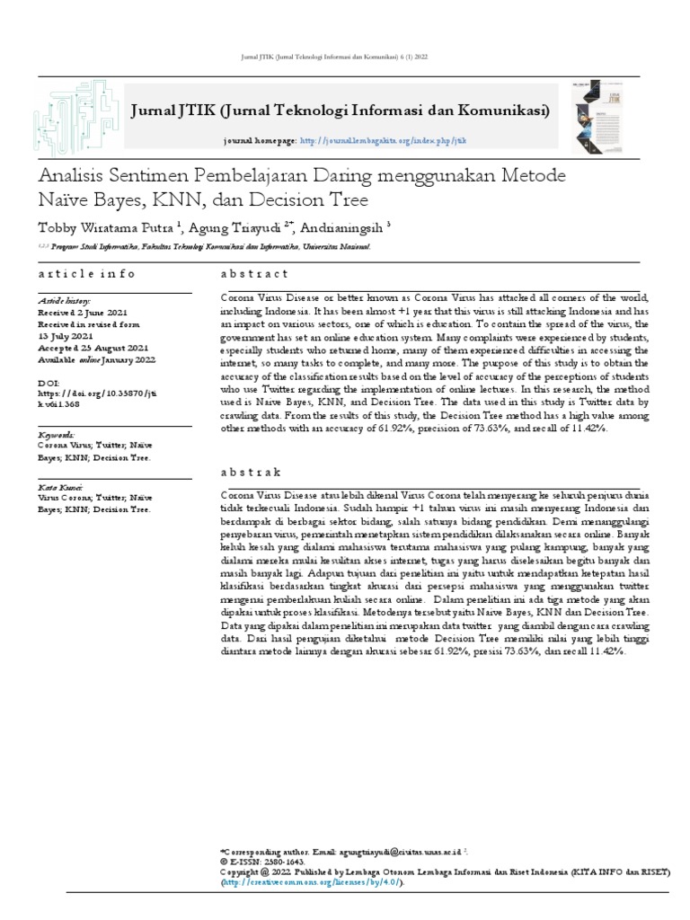 Analisis Sentimen Pembelajaran Daring Menggunakan Metode Naïve Bayes, KNN, Dan Decision Tree ...