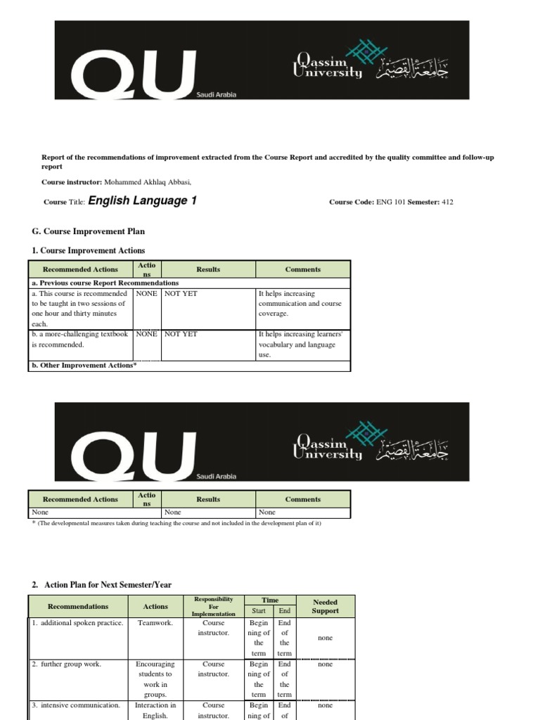 English Language 1: G. Course Improvement Plan | PDF | Communication ...