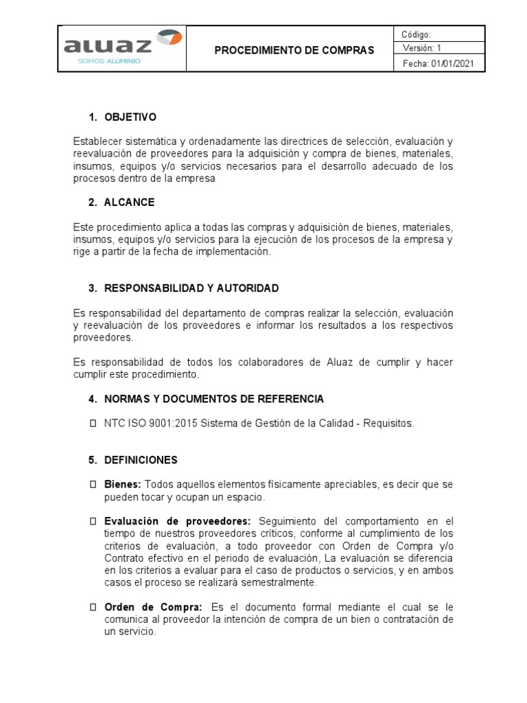 Procedimiento de Compras | PDF | Calidad (comercial) | Evaluación