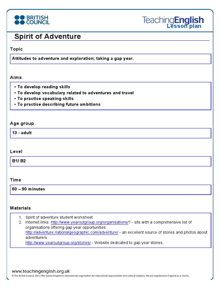 Spirit of Adventure Lesson Plan | PDF | Lesson Plan | Cognition