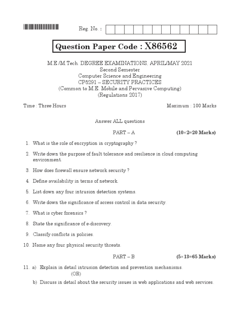 Question Paper Code: Reg. No. | PDF | Computer Network | Security