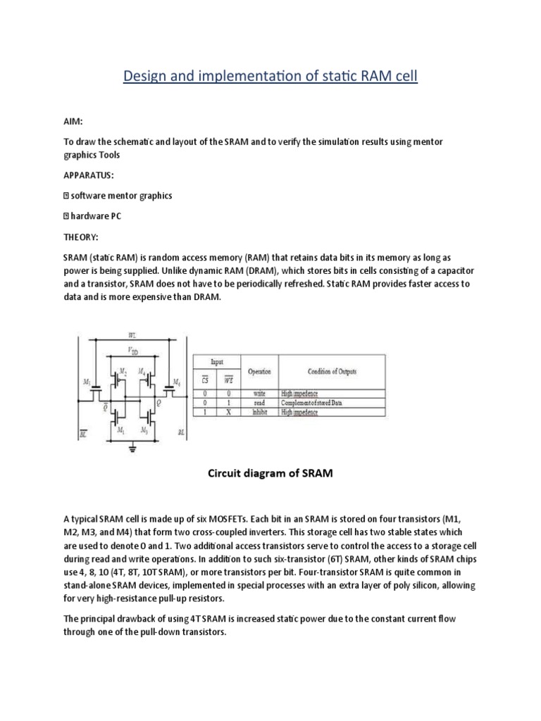 Design and Implementation of Static RAM Cell: Circuit Diagram of SRAM | PDF | Random Access ...