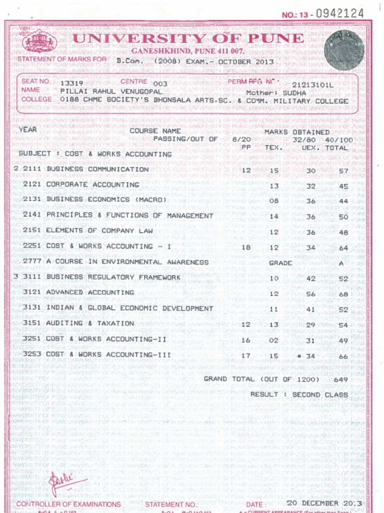 B Com Marksheet | PDF