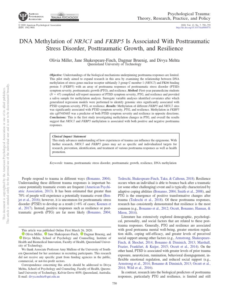 Miller Et Al 2020 - DNA Methylation of NR3C1 and FKBP5 Is Associated ...