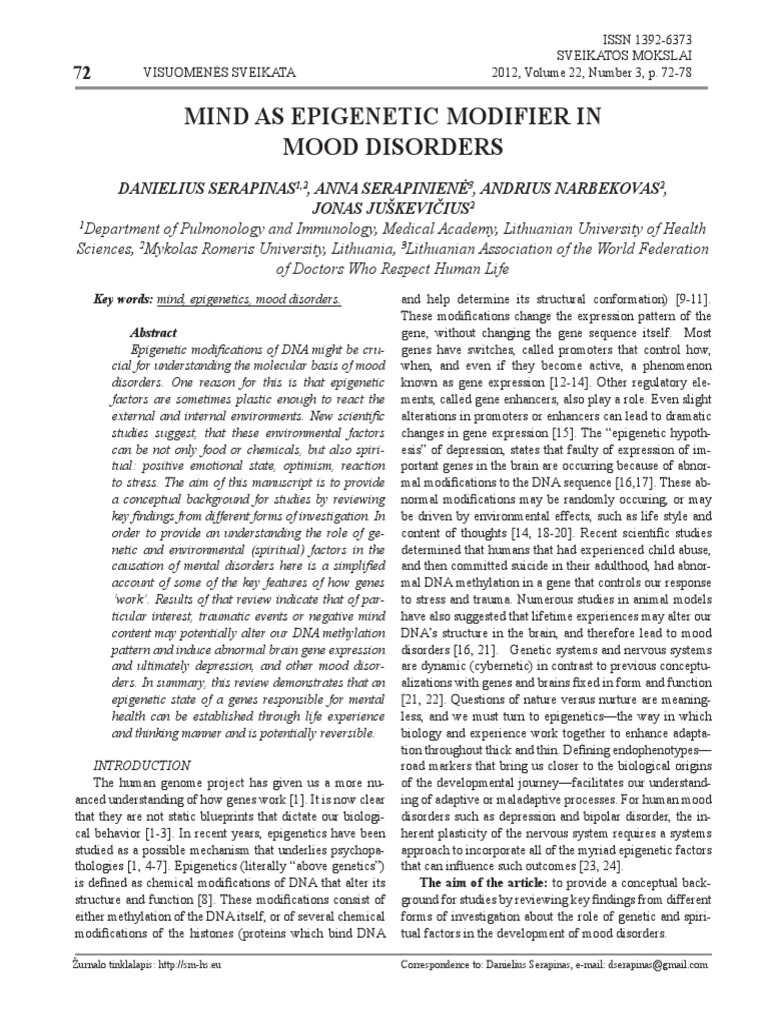 Mind As Epigenetic Modifier in Mood Disorders | PDF | Epigenetics | Dna ...