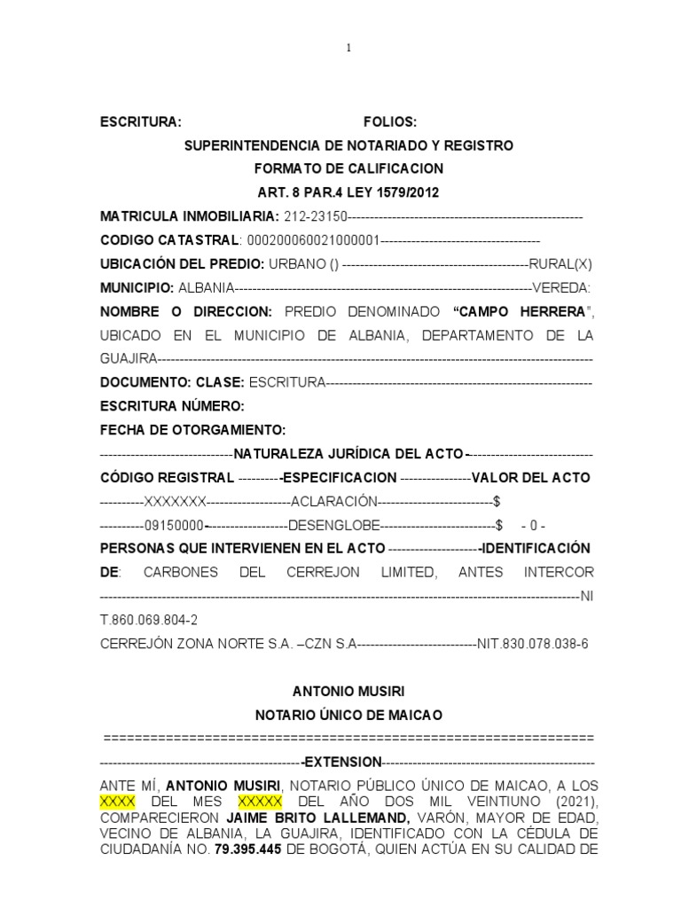 Escritura Aclaración y Desenglobe - Campo Herrera (Notaria) | PDF | Derecho Civil (Common Law ...