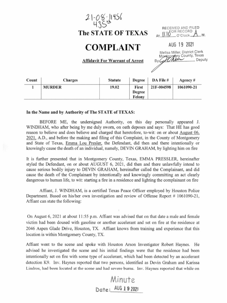 Emma Lou Presler - Affidavit For Arrest Warrant | PDF