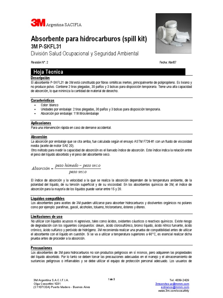 Ficha Tecnica 3m Absorbente para Hidrocarburos Spill Kit Derrame Tambor P Skfl31 Segutecnica ...
