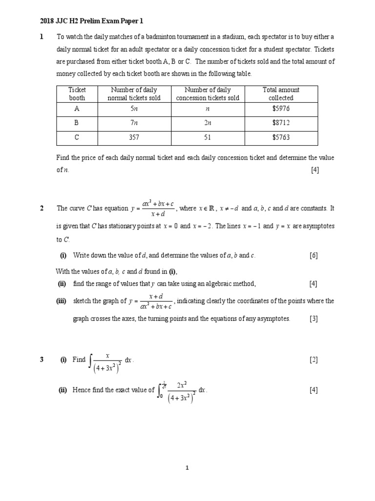 2018 JJC H2 Prelim P1 + Solution | PDF | Sphere | Equations