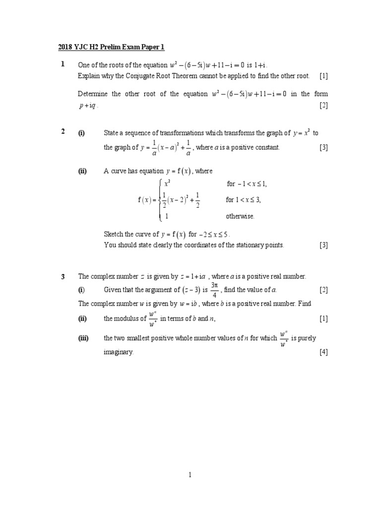 2018 YJC H2 Prelim P1 + Solution | PDF | Sphere | Equations