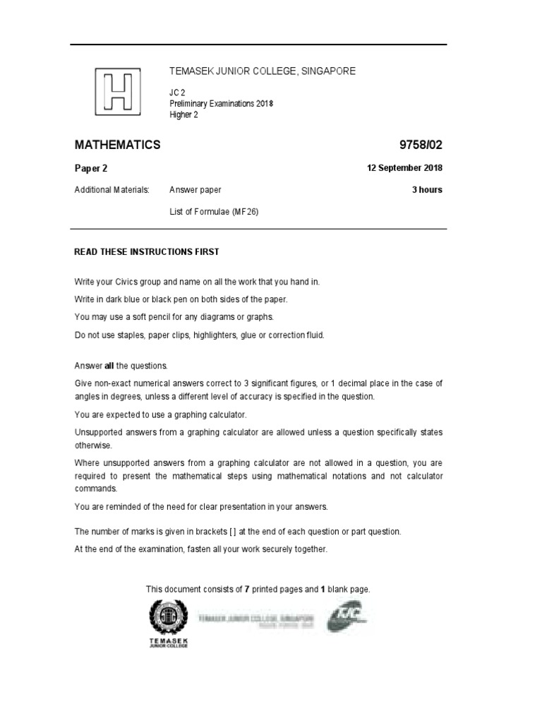 2018 TJC H2 Prelim P2 + Solution (Remove CNR) | PDF | Variance ...