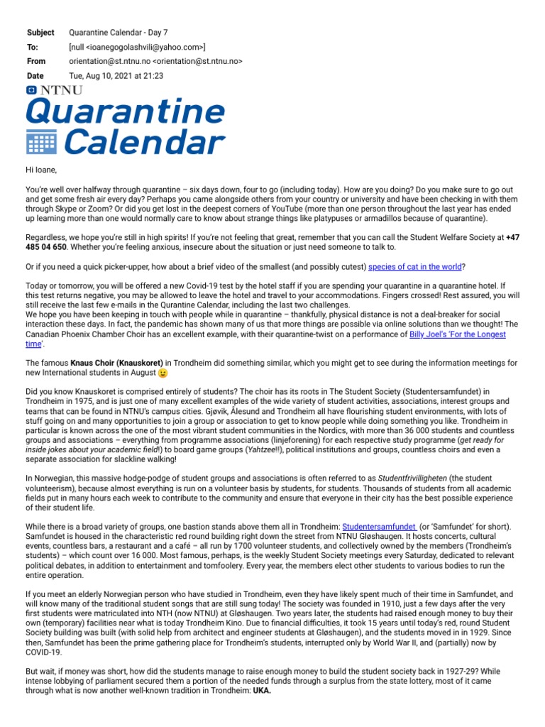 Quarantine Calendar - Day 7 - NTNU | PDF
