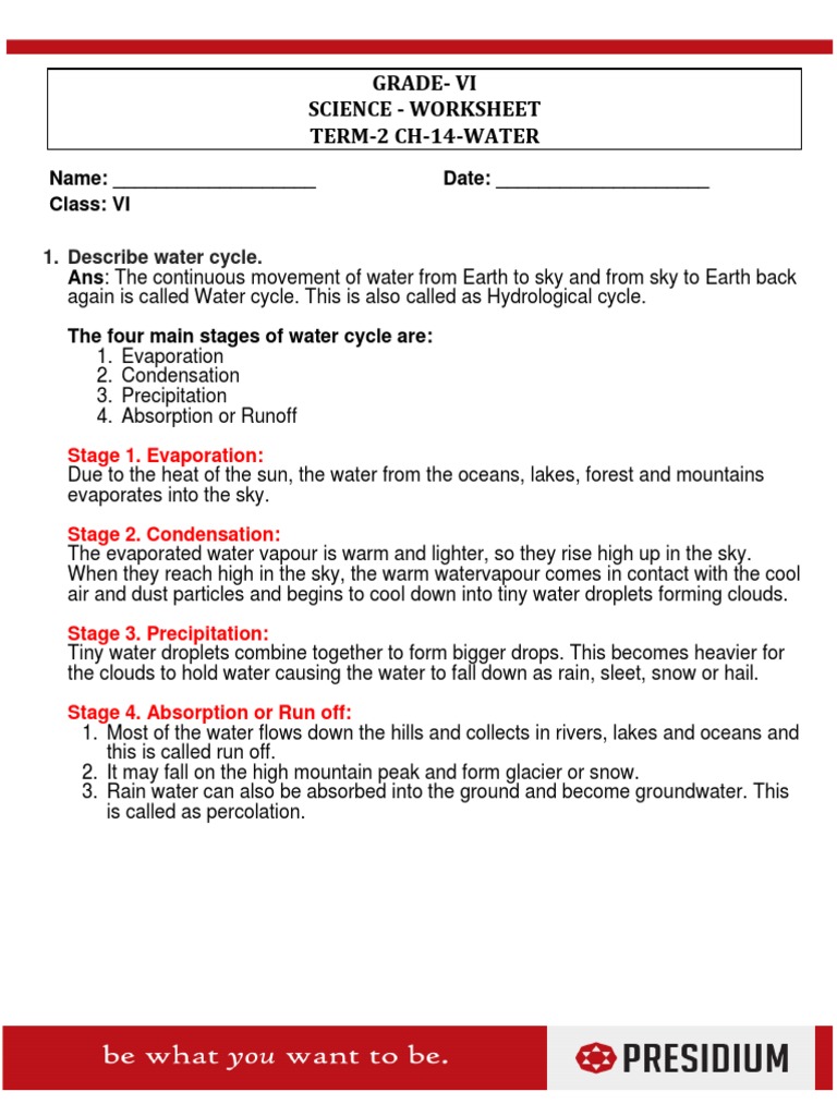 Grade-Vi Science - Worksheet TERM-2 CH-14-WATER | PDF | Water Cycle | Water