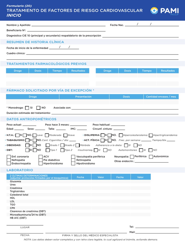 Formulario 20 Tratamiento Fact. Riesgo Cardiovasc. Inicio (Nuevo) | PDF ...