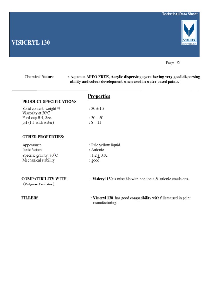 Visicryl 130 Visen Industries Dispersing Agent | PDF | Paint | Water