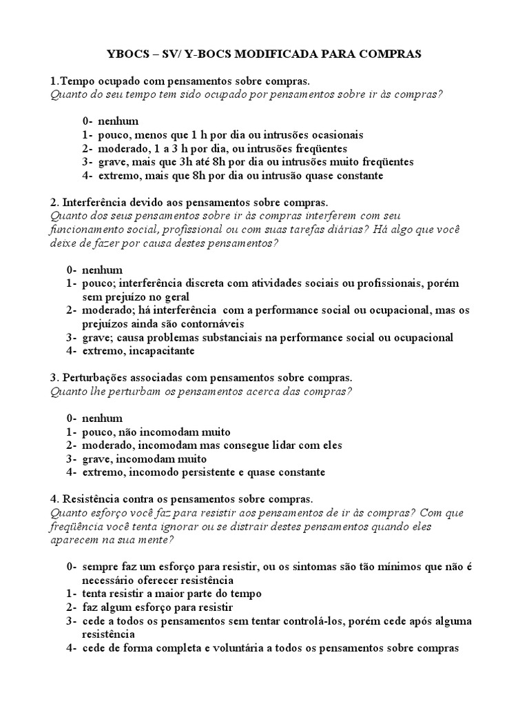 YBOCS-SV (Escala) | PDF | Transtorno obsessivo compulsivo (TOC) | Ansiedade