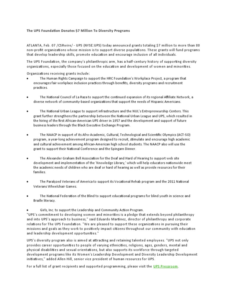 The UPS Foundation Donates $7 Million To Diversity Programs | PDF ...