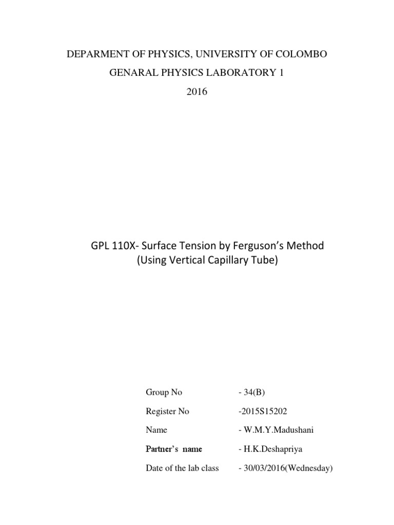 Measuring Surface Tension Through Capillary Rise Using Ferguson's ...