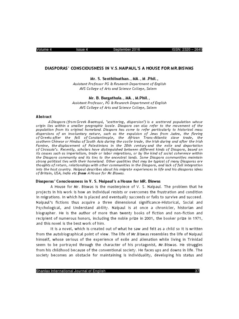 Diaspora House of MR Biswas | PDF | Diaspora