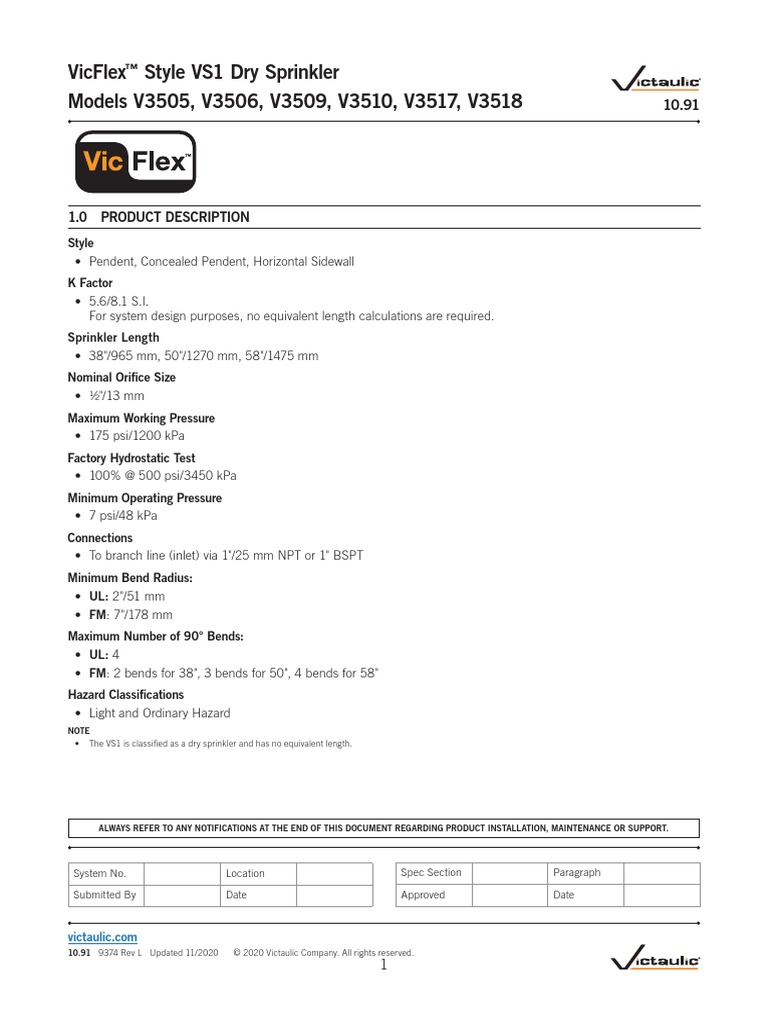 Vicflex Style Vs1 Dry Sprinkler Models V3505, V3506, V3509, V3510 ...