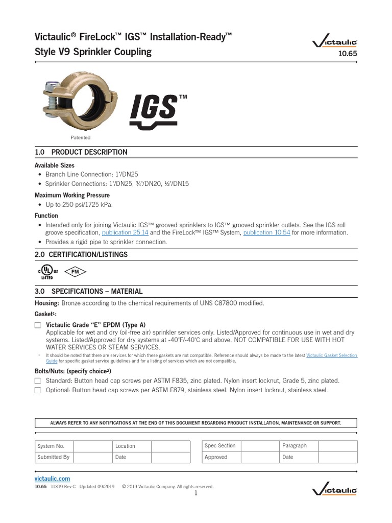 Victaulic Firelock Igs Installation-Ready Style V9 Sprinkler Coupling ...