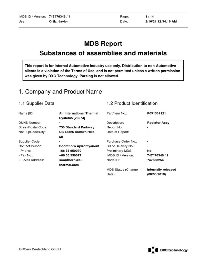 Material Composition and Substance Declaration of a Radiator Assembly ...