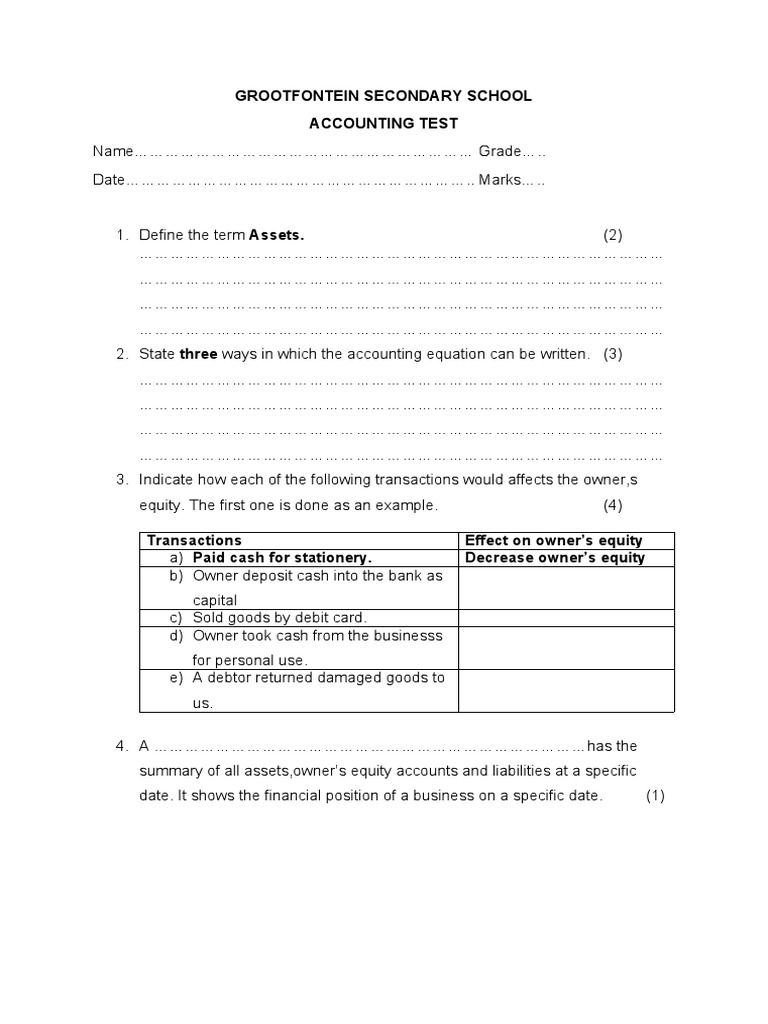 Accounting Test for Secondary School | PDF