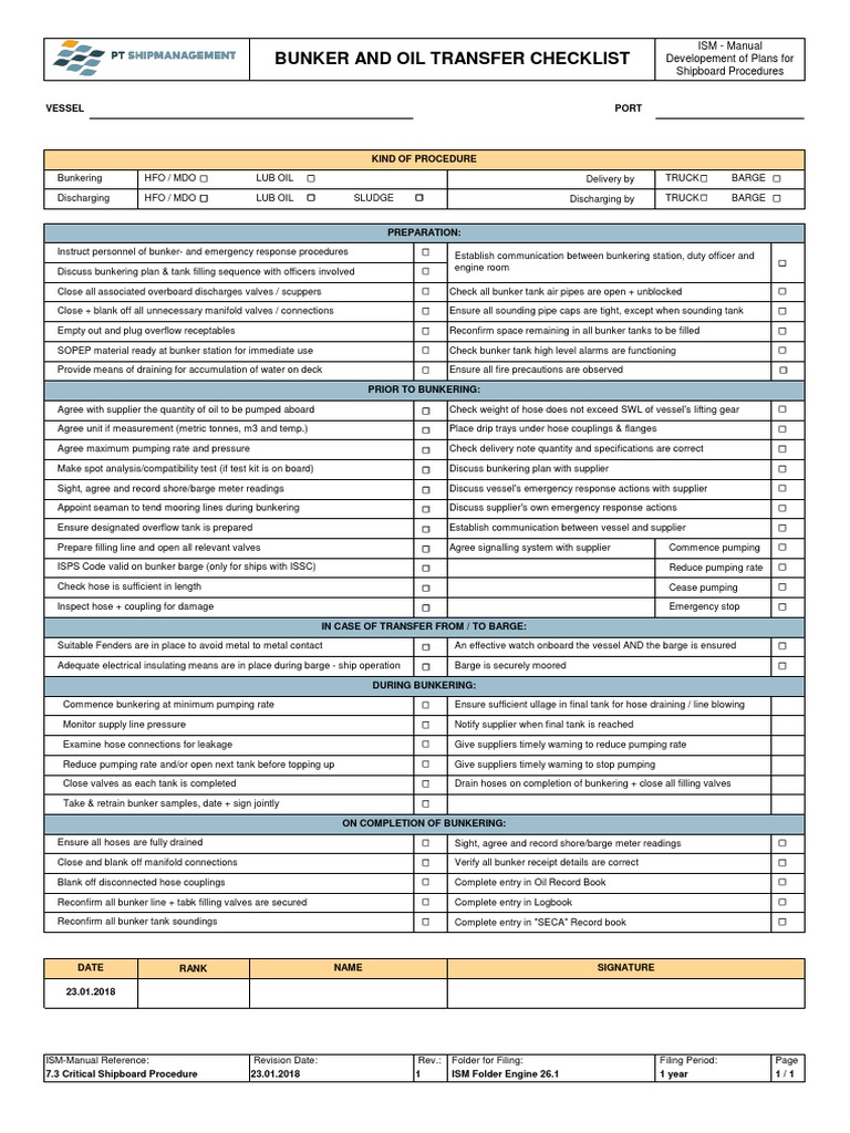 Bunker and Oil Transfer Checklist: ISM - Manual Developement of Plans ...