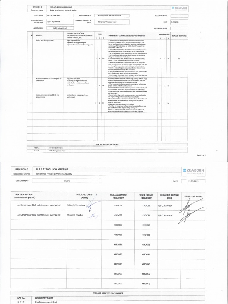 Risk Assessment - Tool Box Meeting Main Air Compressor 31.05 | PDF