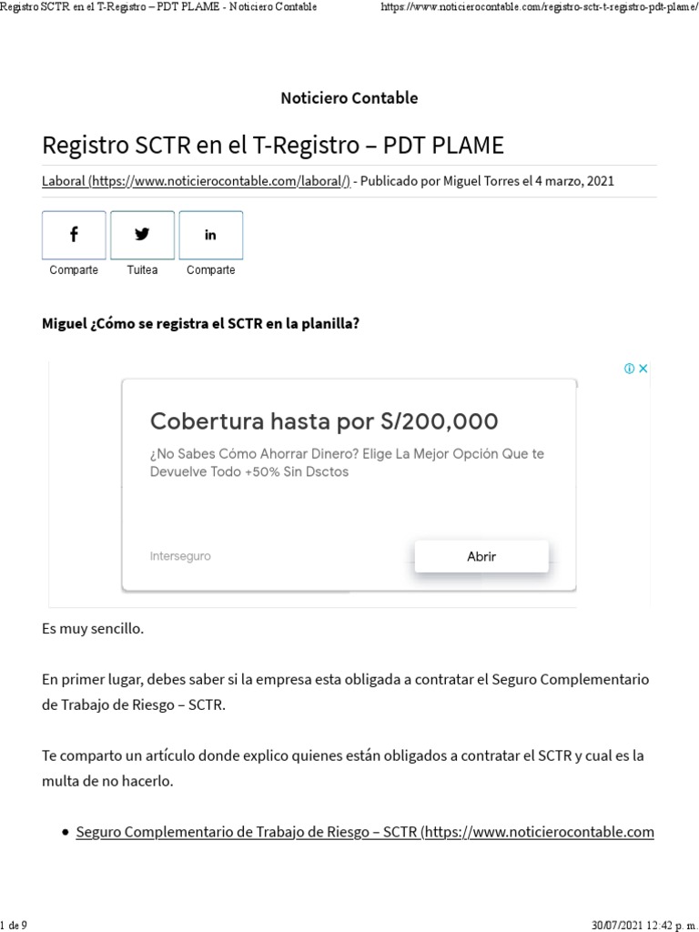 Registro SCTR en El T-Registro - PDT PLAME - Noticiero Contable | PDF | Negocios