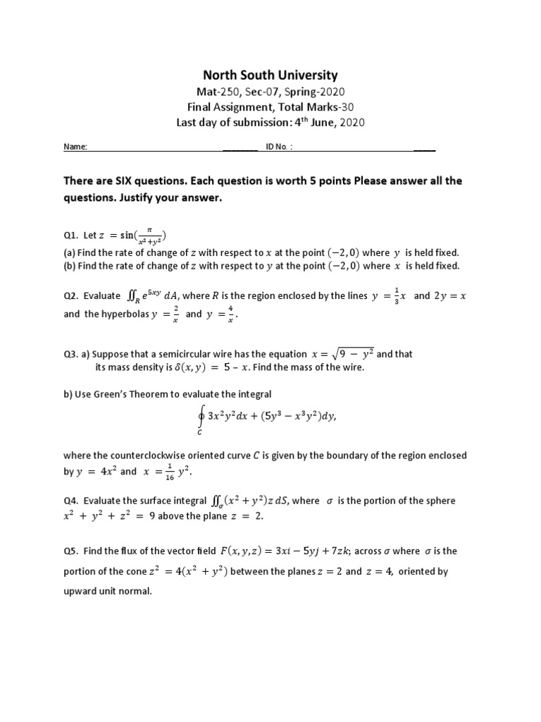 Multivariable Calculus Final Assignment for Mat-250, Section 07 ...