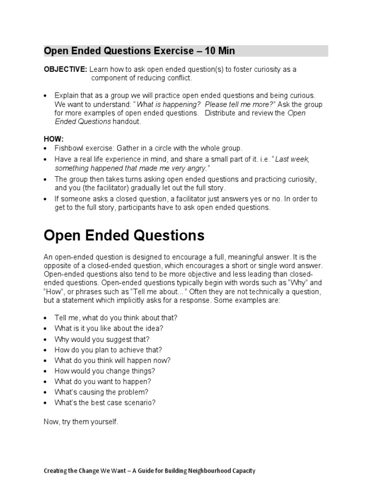 Open Ended Questions Exercise - 10 Min | PDF