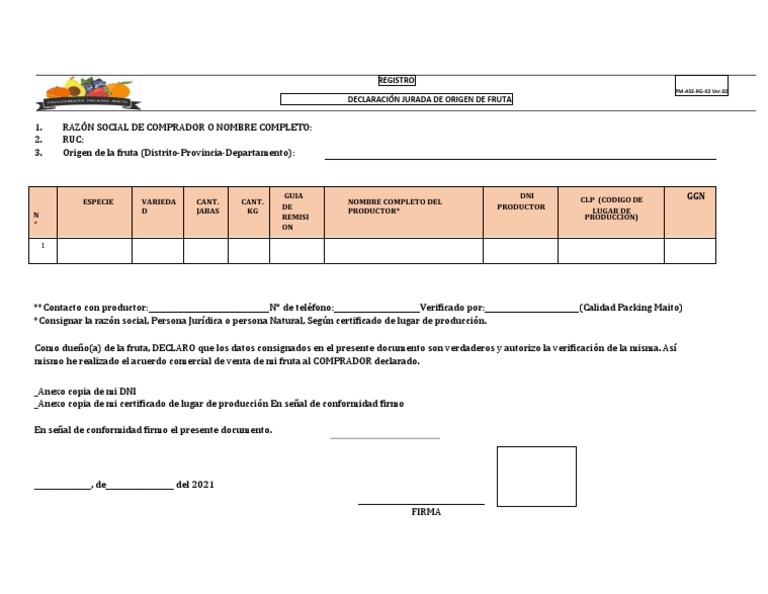 Pm-Ase-rg-02 Declaracion Jurada de Origen de La Fruta v2 (9746) | PDF