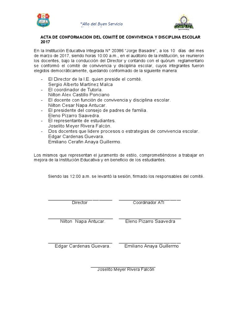 Conformación del Comité de Convivencia y Disciplina Escolar de la ...