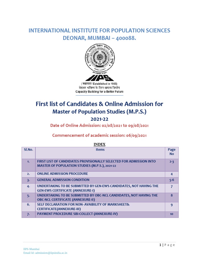 Master of Population Studies First List of Candidates For Provisional ...